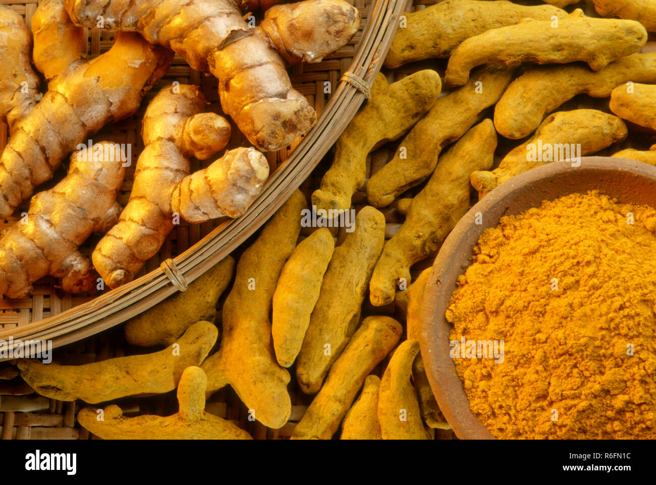 Spices, Turmeric bulbs powder and Ginger in bowl curcuma longa Haldi ...