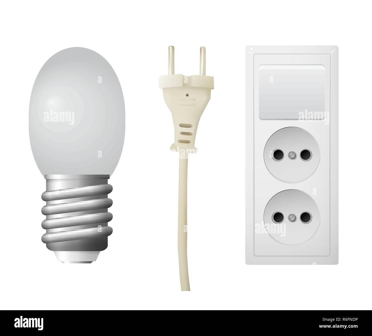 Outlet with plug, LED lightbulb. Set of electrical equipment. Vector ...