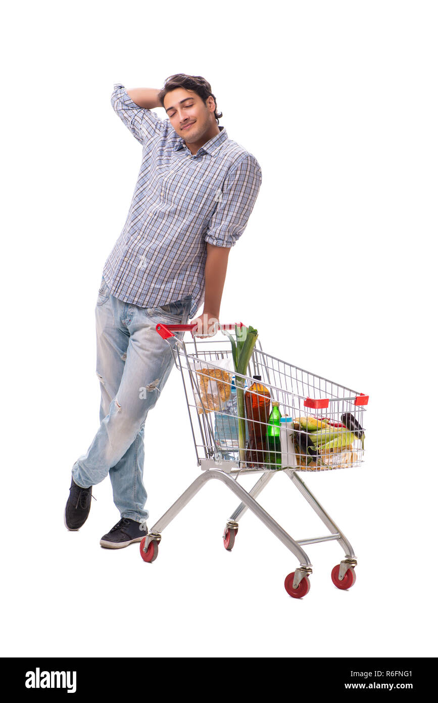 Young man with supermarket cart trolley on white Stock Photo - Alamy