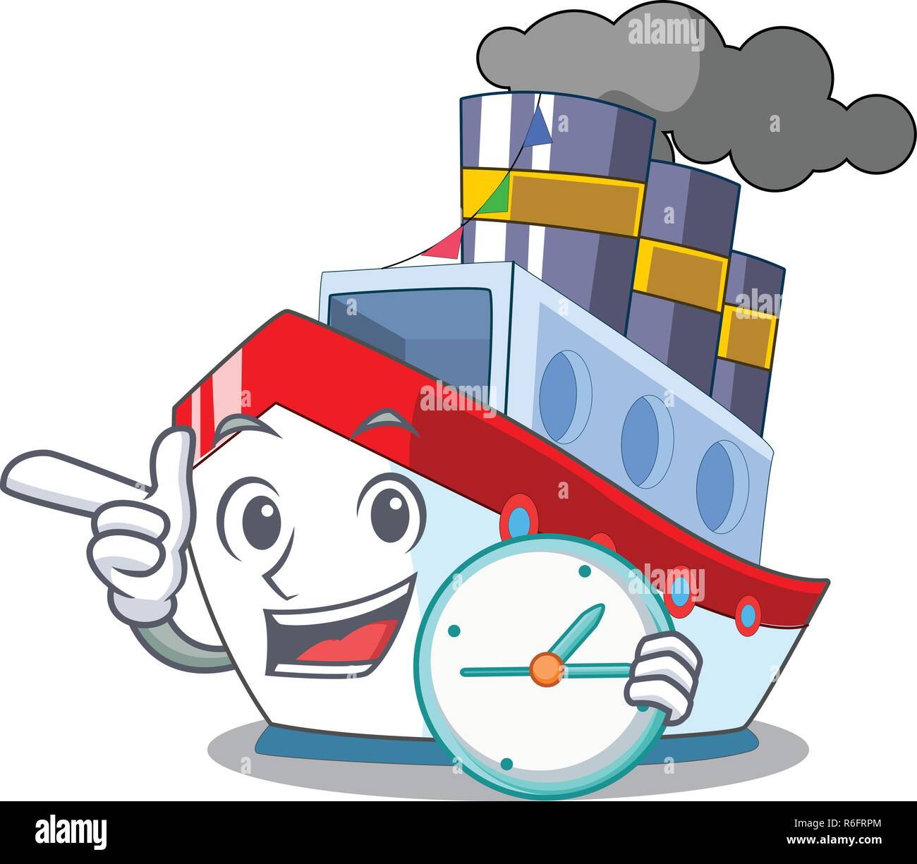 With clock aerial in cartoon cargo ship view vector illustration Stock ...