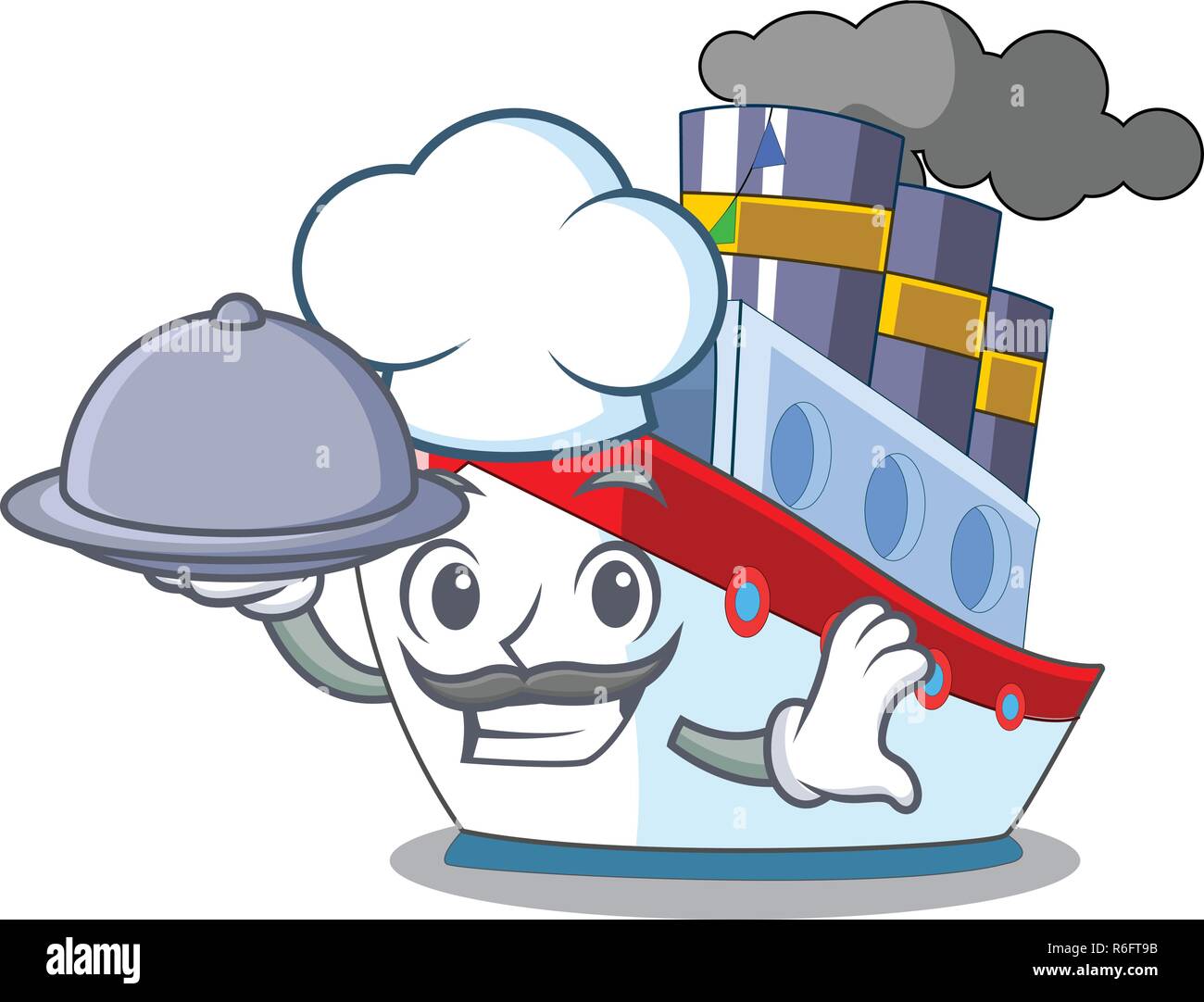 Chef with food luxury character ship sailing to port vector ...