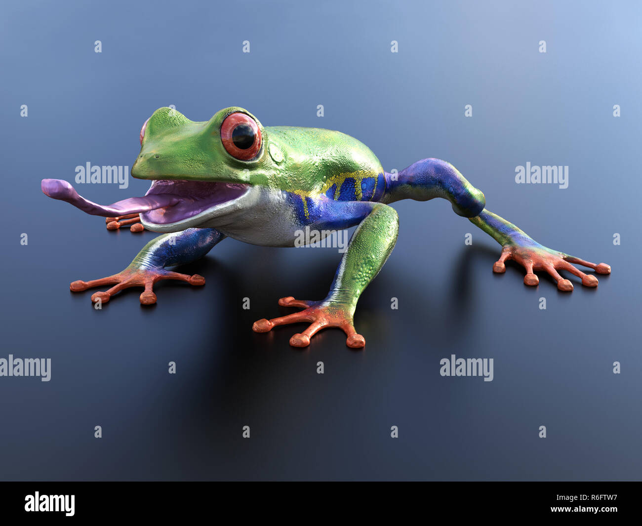 3D rendering of a realistic red-eyed tree frog with its tongue out Stock Photo - Alamy