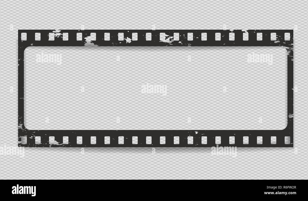 Black scratched horizontal grunge film strip with shadow on squared ...