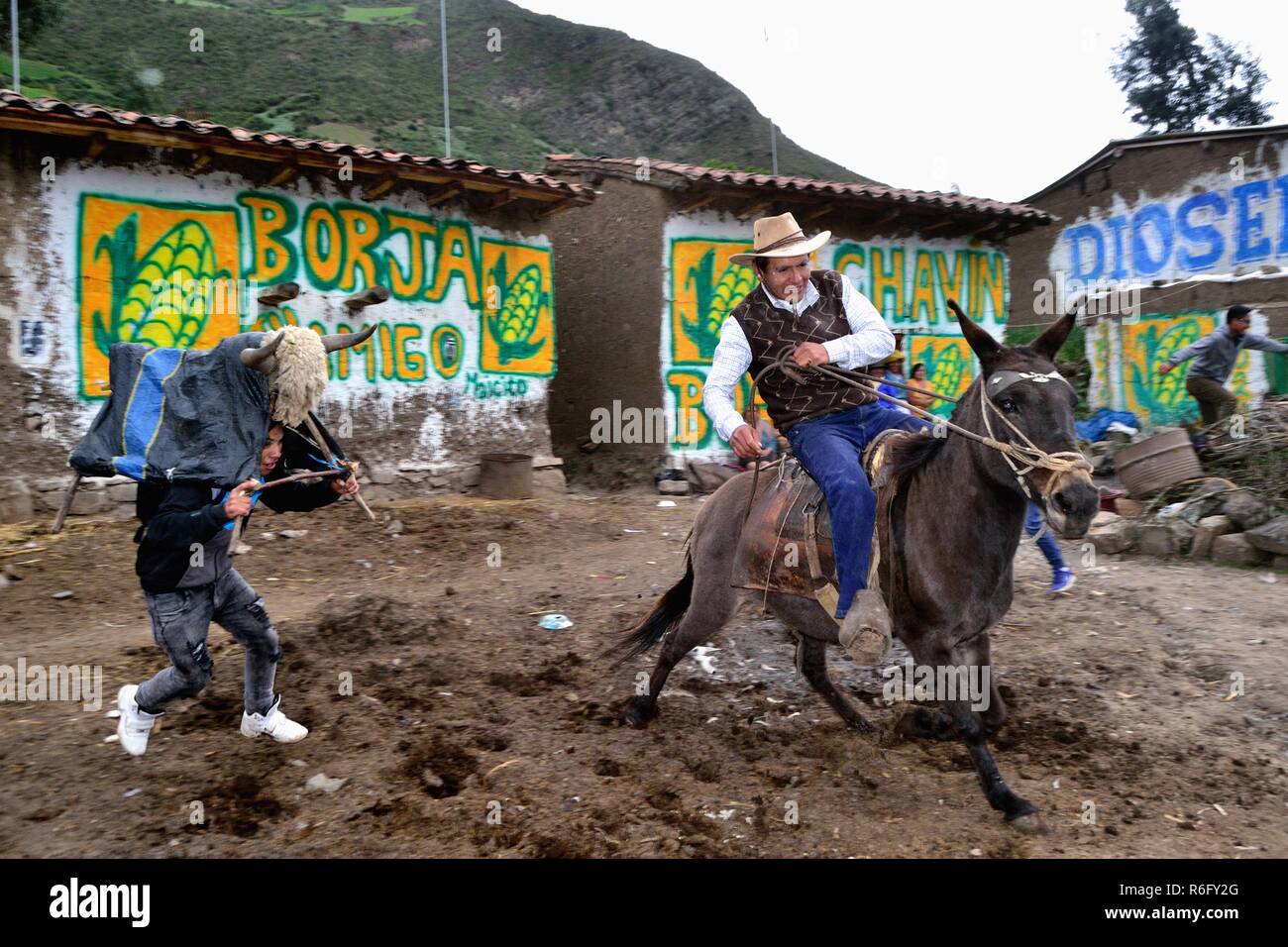 Bullfight - Unsha- Carnival in CHAVIN de Huantar. Department of Ancash ...