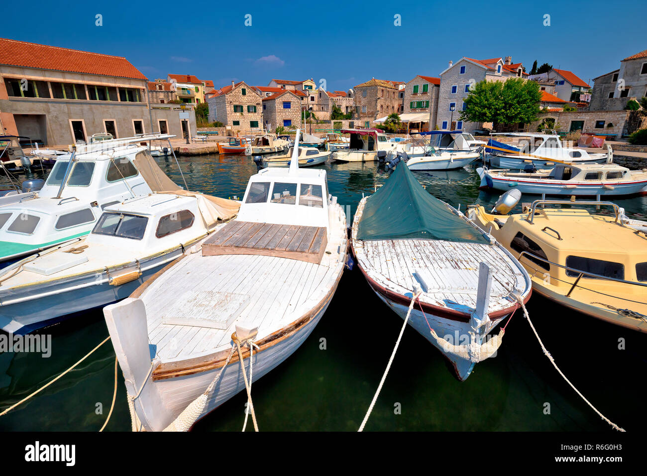 Island of Prvic harbor and waterfront view in Sepurine village Stock ...