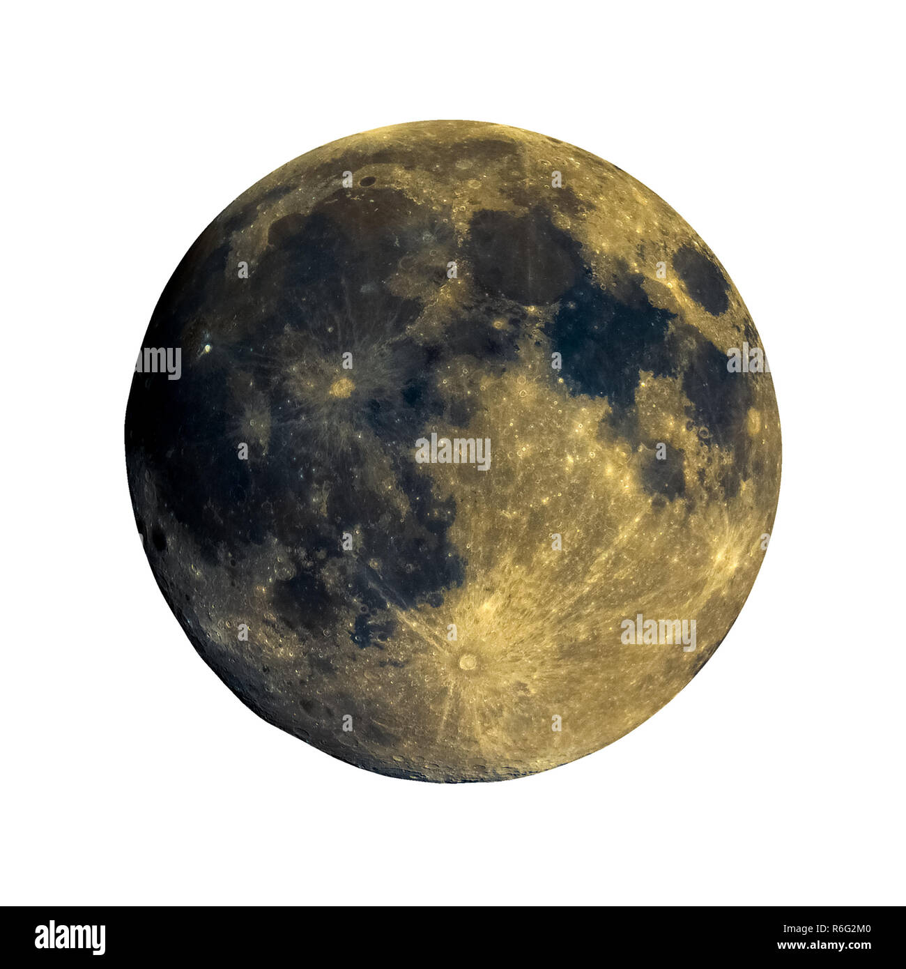 High contrast Full moon seen with telescope, enhanced colours, isolated ...