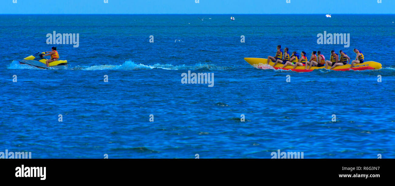 Odessa, Ukraine - August 8, 2018. Tourists having fun and enjoy riding ...