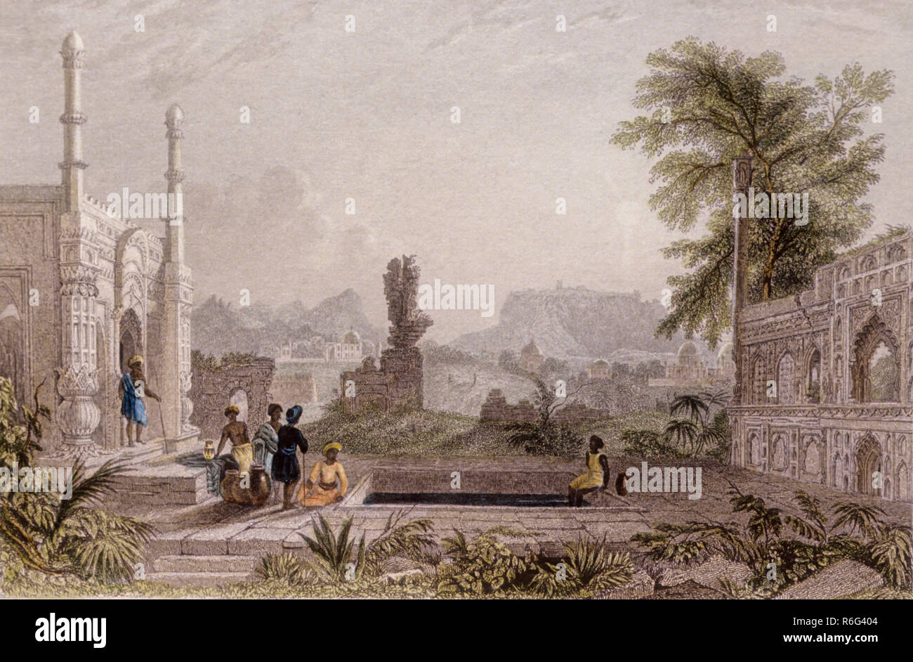 Mosque water tank, Lithograph, painting, India, Asia, old vintage 1800s ...