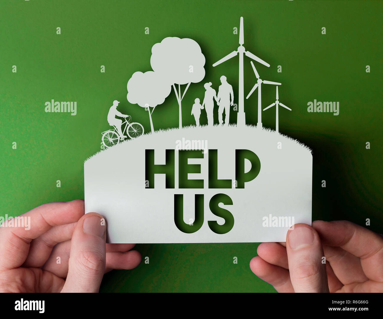 Help Us - green environmental paper background with wind turbines ...