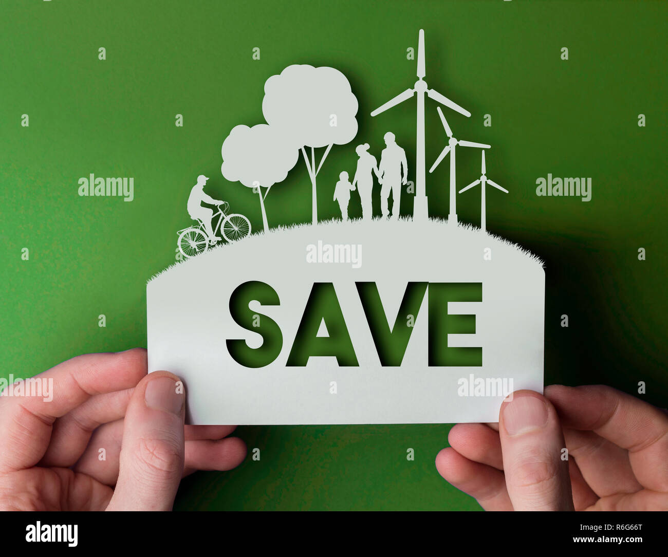 Save - green environmental paper background with wind turbines, trees ...