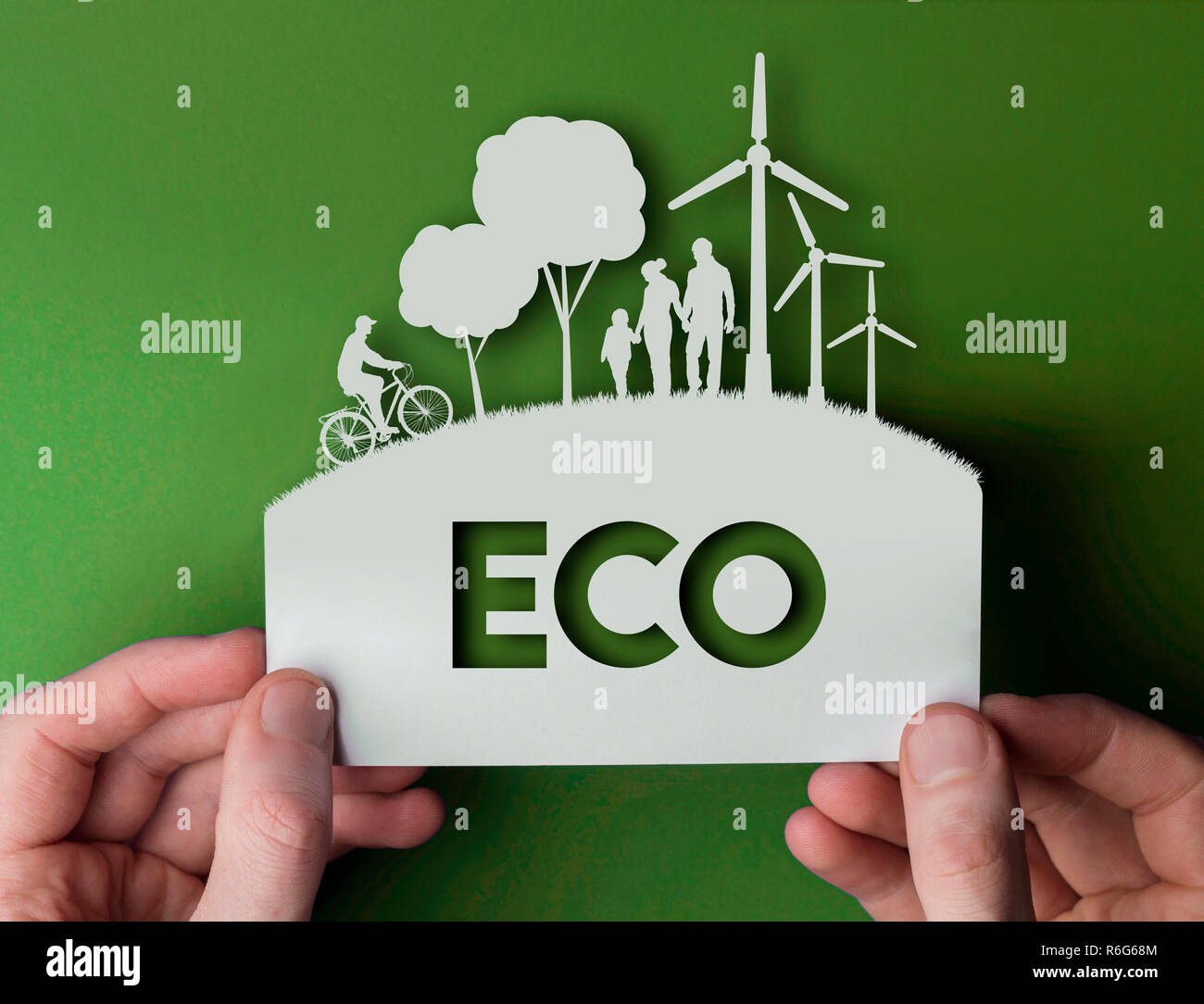 Eco - green environmental paper background with wind turbines, trees ...