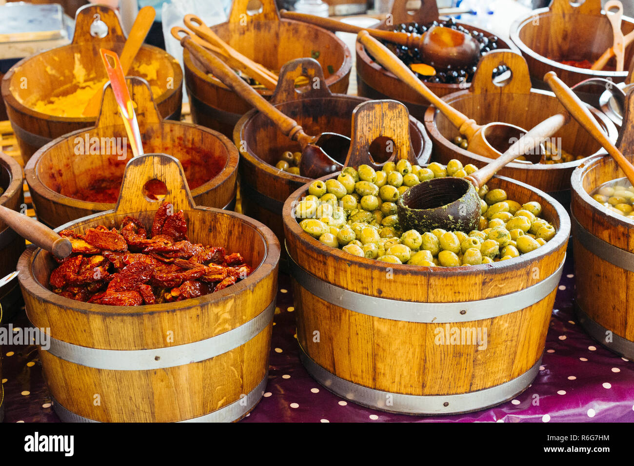 Variety of greek foods in a market stall at Portobello Market in ...