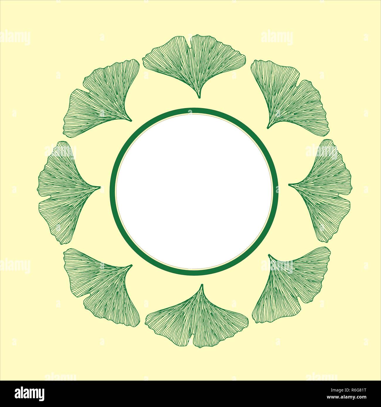 Ginkgo Biloba textured leaves. Round frame. Isolated on yellow ...