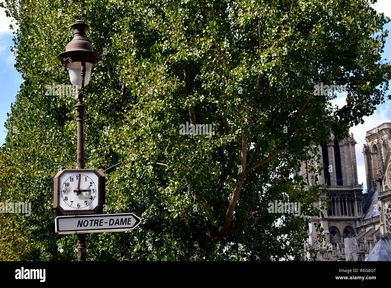 Notre Dame Cathedral with street light, clock, sign and tree. Paris ...