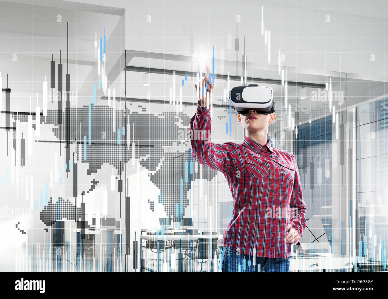 Girl in office experiencing virtual technology world. Mixed medi Stock ...