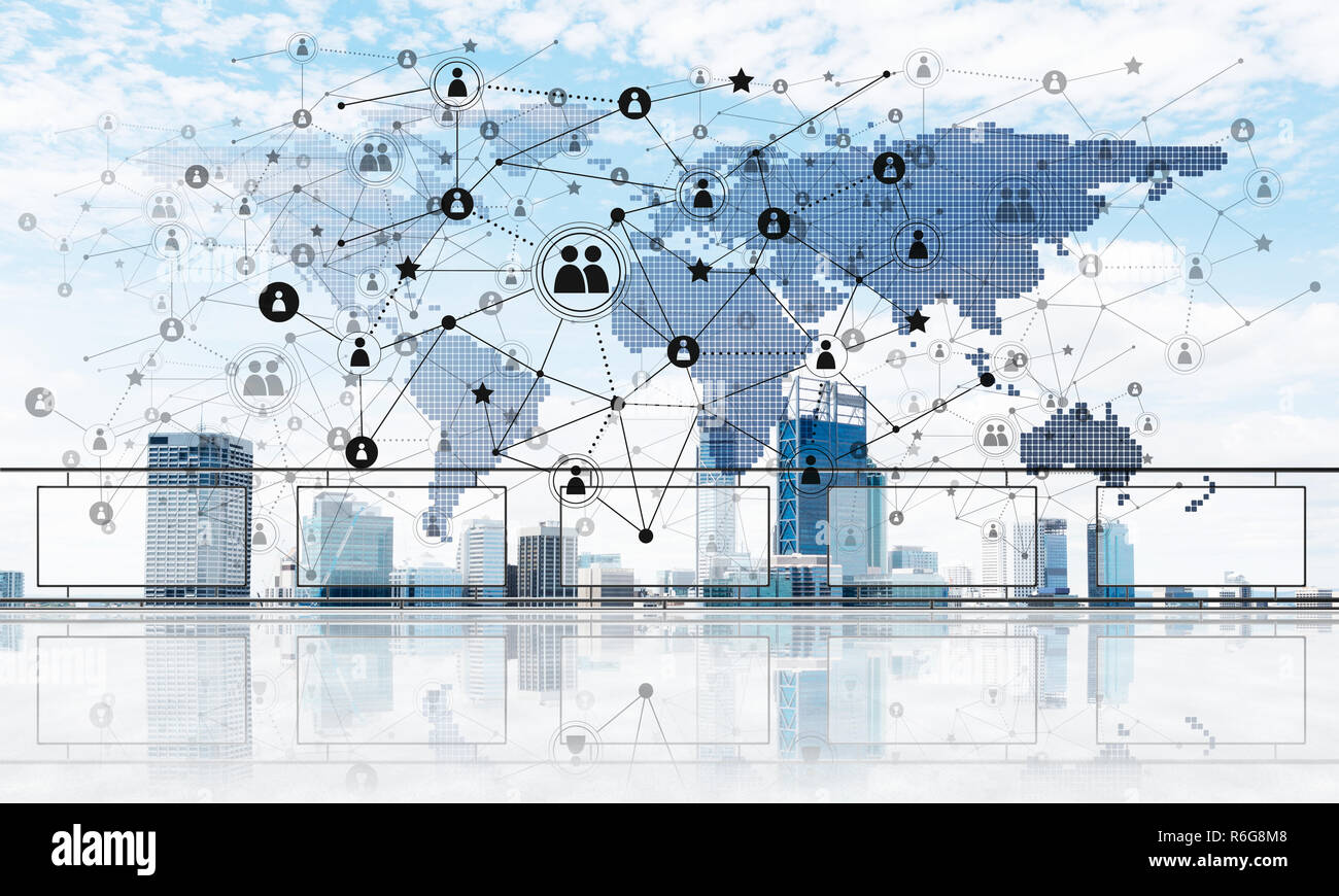 Concept of global communication and networking with world map over ...