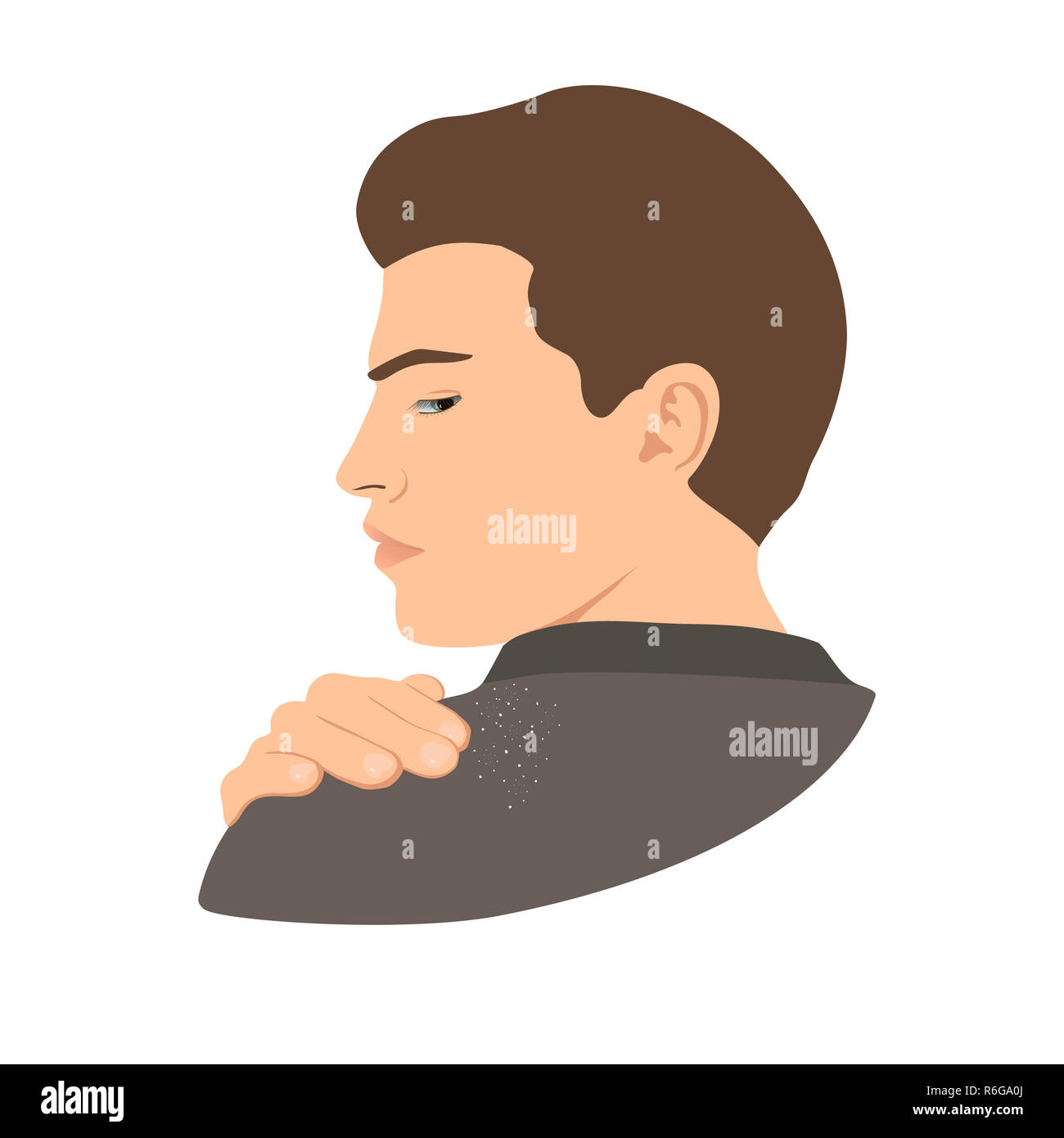 Dandruff on man shoulder. Head, hand, wrist, fingers. Side view. Vector ...