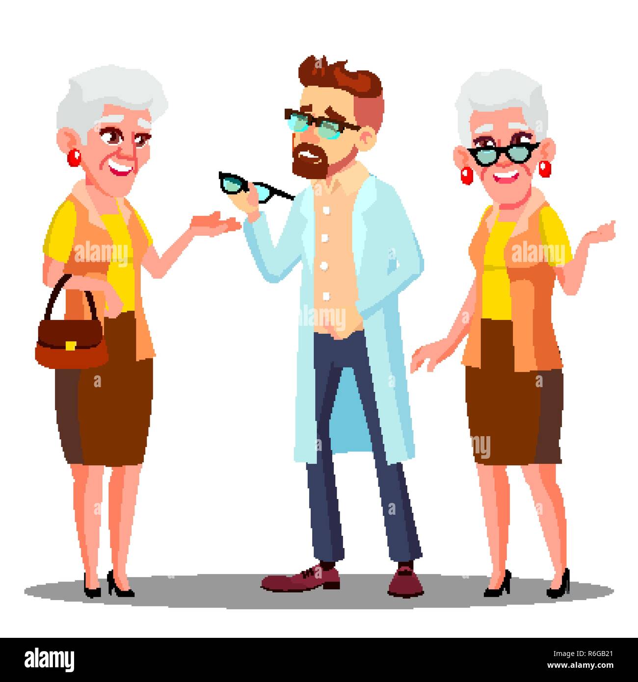 European Oculist Doctor Giving Glasses To Old Woman Patient With Vision ...