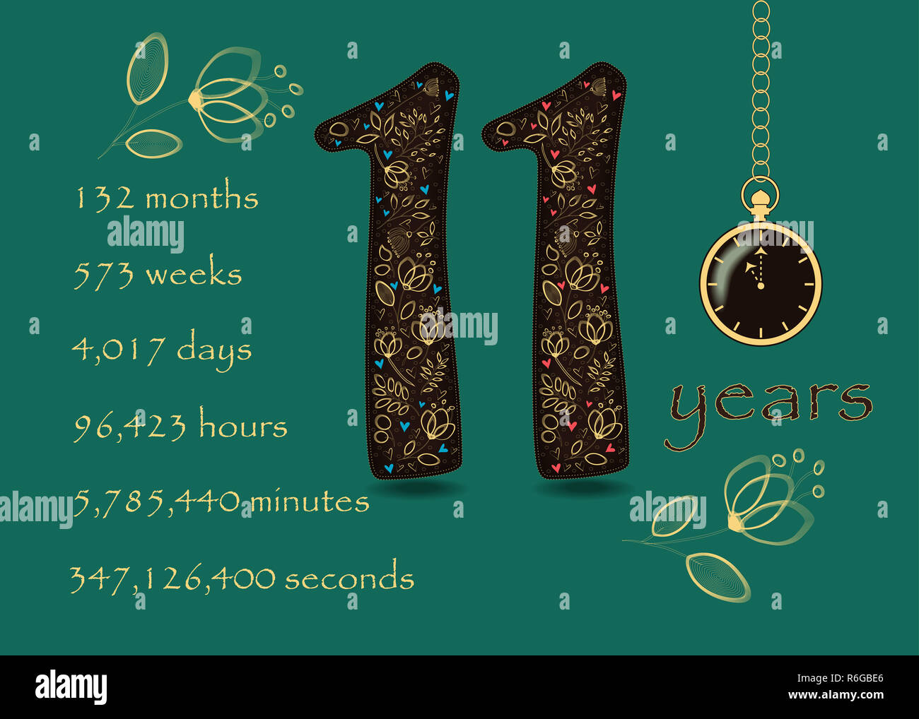 Floral card with Number Eleven and Pocket Watch Stock Photo - Alamy