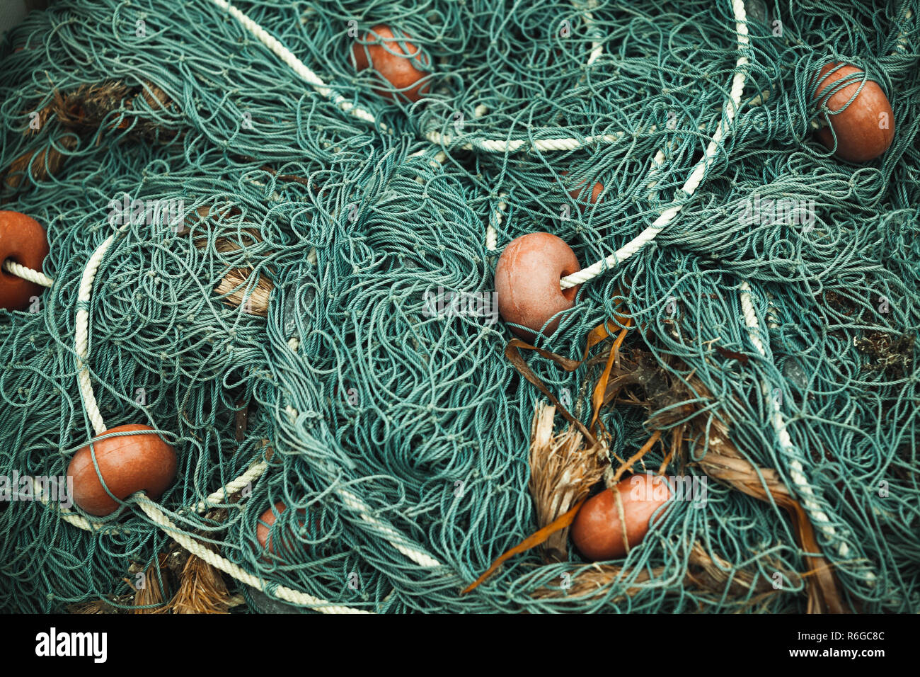 Green fishing net with red floats lays in port. Close-up background ...