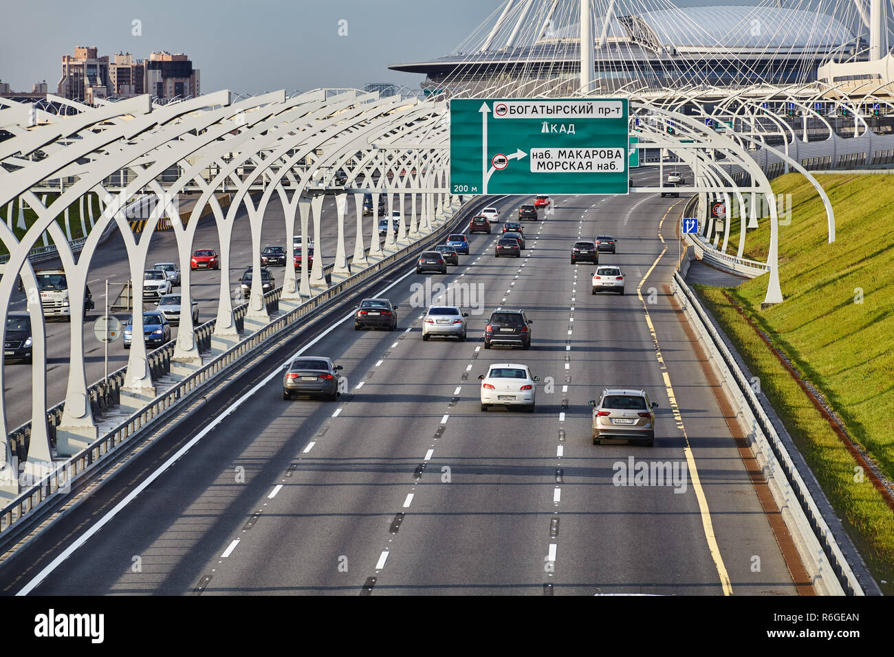 St. Petersburg, Russia - August 24, 2018: Top view of the cars that go ...
