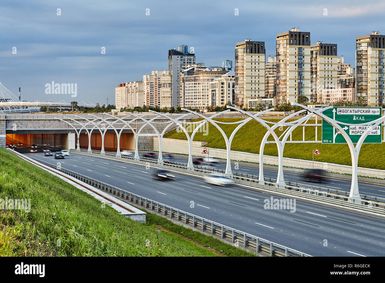 St. Petersburg, Russia - August 24, 2018: Top view of the freeway with ...