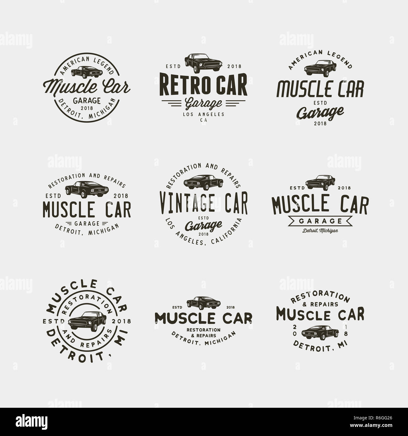 set of vintage muscle car garage logos. vector illustration Stock Photo ...