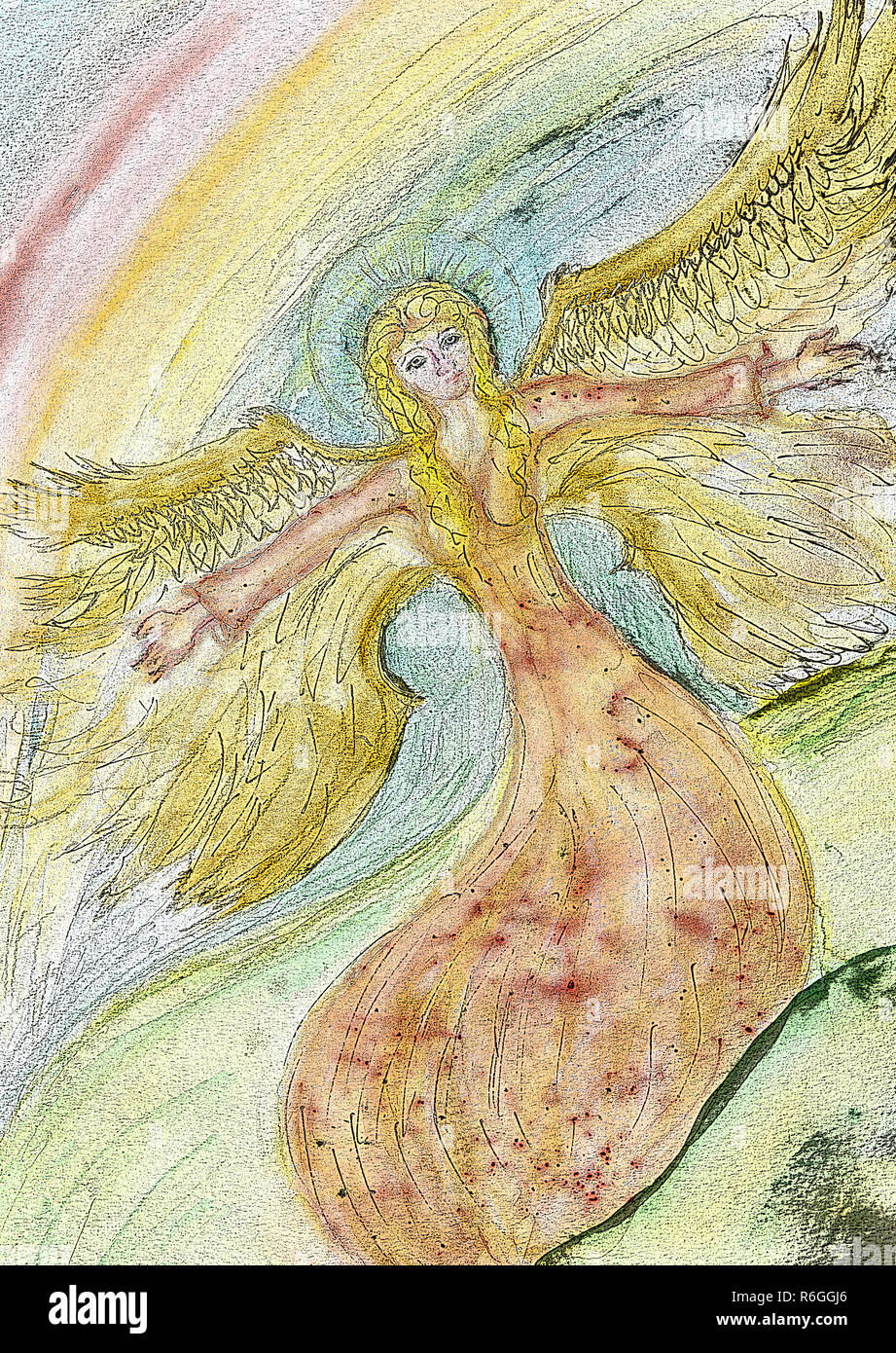 Tinted rustic drawing of a flying feminine angel. The dabbing technique ...