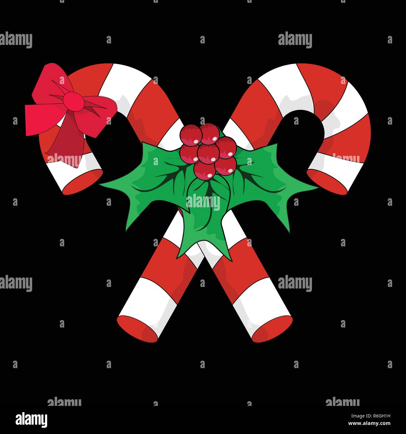 Christmas Candy Cane with Red Bow and Holly Berries. Silhouette Icon ...