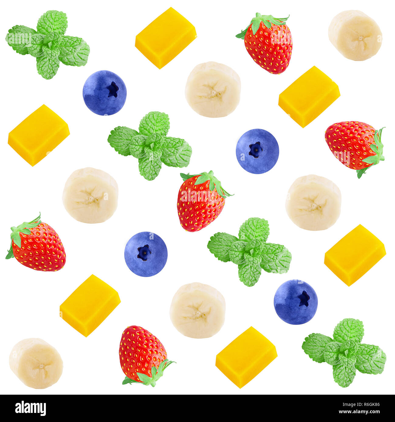 Colorful fruit pattern of fresh fruits slices on white Stock Photo - Alamy