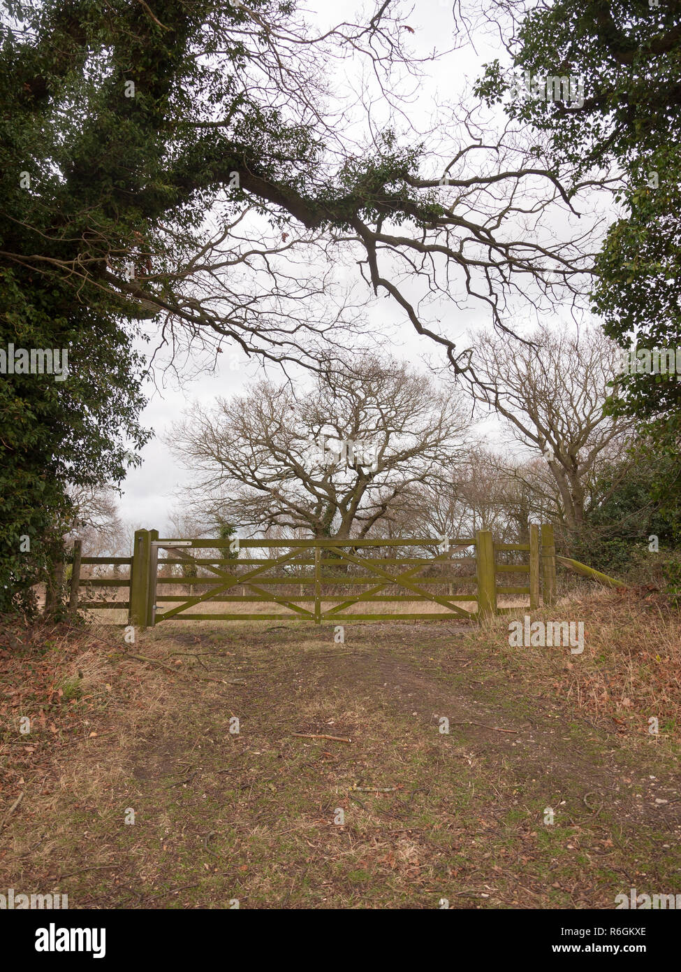 wooden gate fence tree country private field farm Stock Photo - Alamy