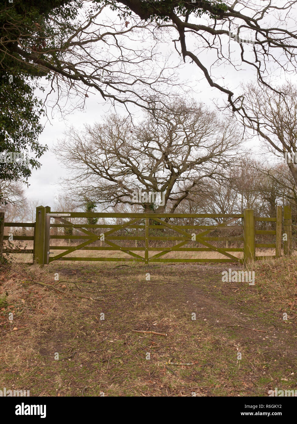 wooden gate fence tree country private field farm Stock Photo - Alamy