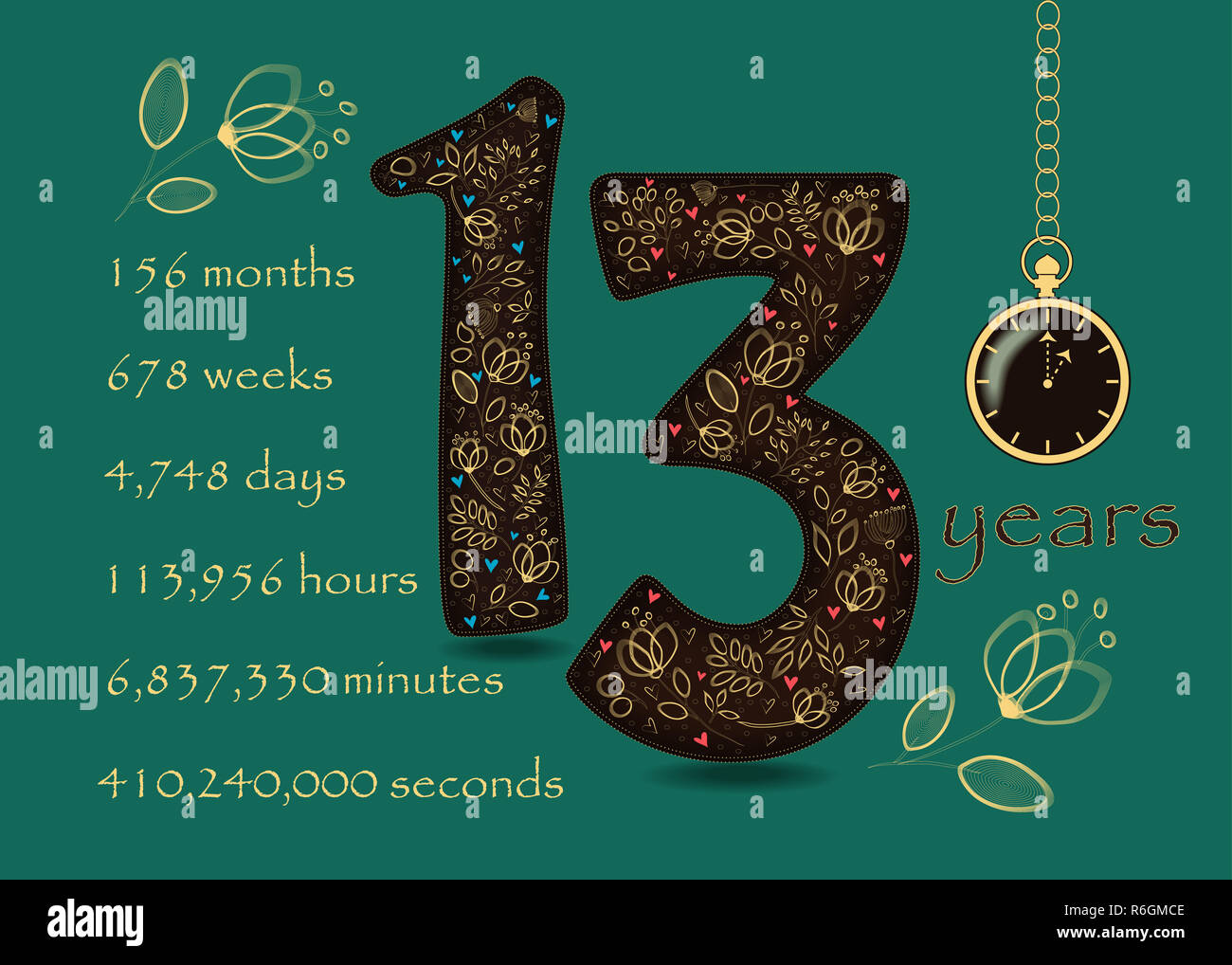 Floral card with Number Thirteen and Pocket Watch Stock Photo - Alamy