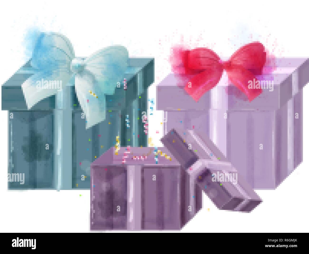 Gift boxes watercolor Vector isolated on white. Colorful painted style ...