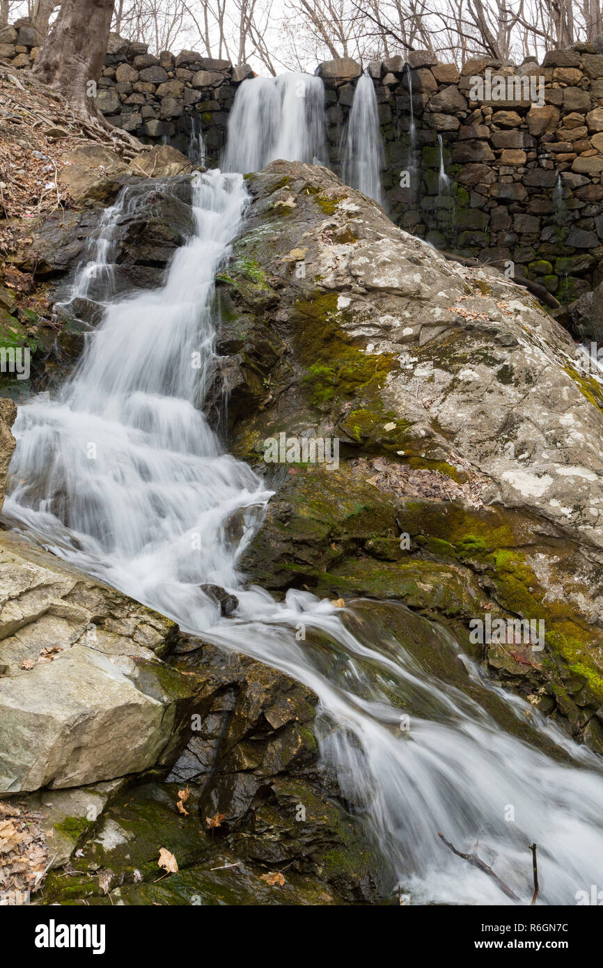 Foundry Brook pouring over an old rocky dam and cascading down large ...