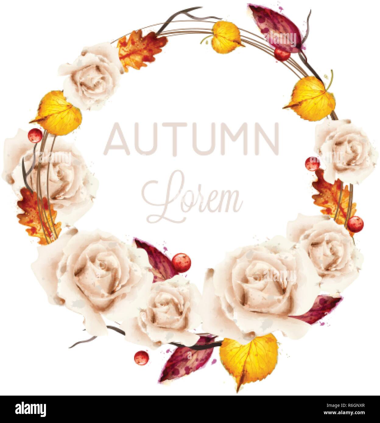 Autumn roses wreath card watercolor Vector. Fall floral design ...