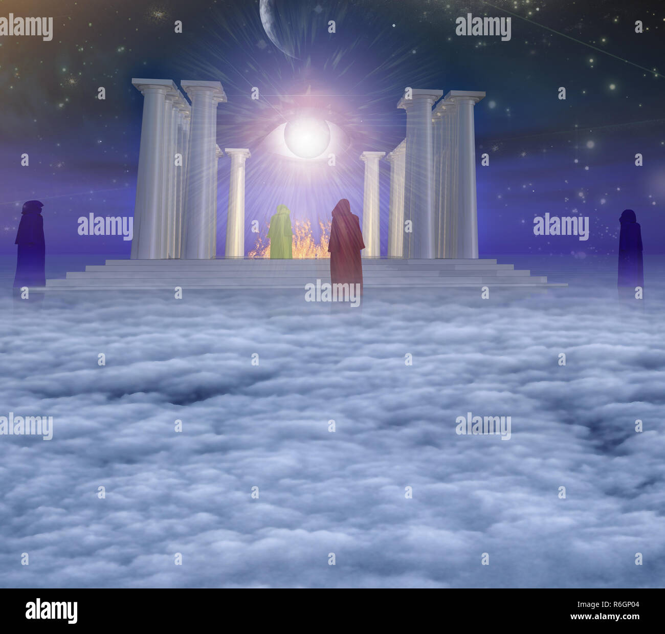 Temple of fire in spiritually based composition. Eye of God. Priests or ...