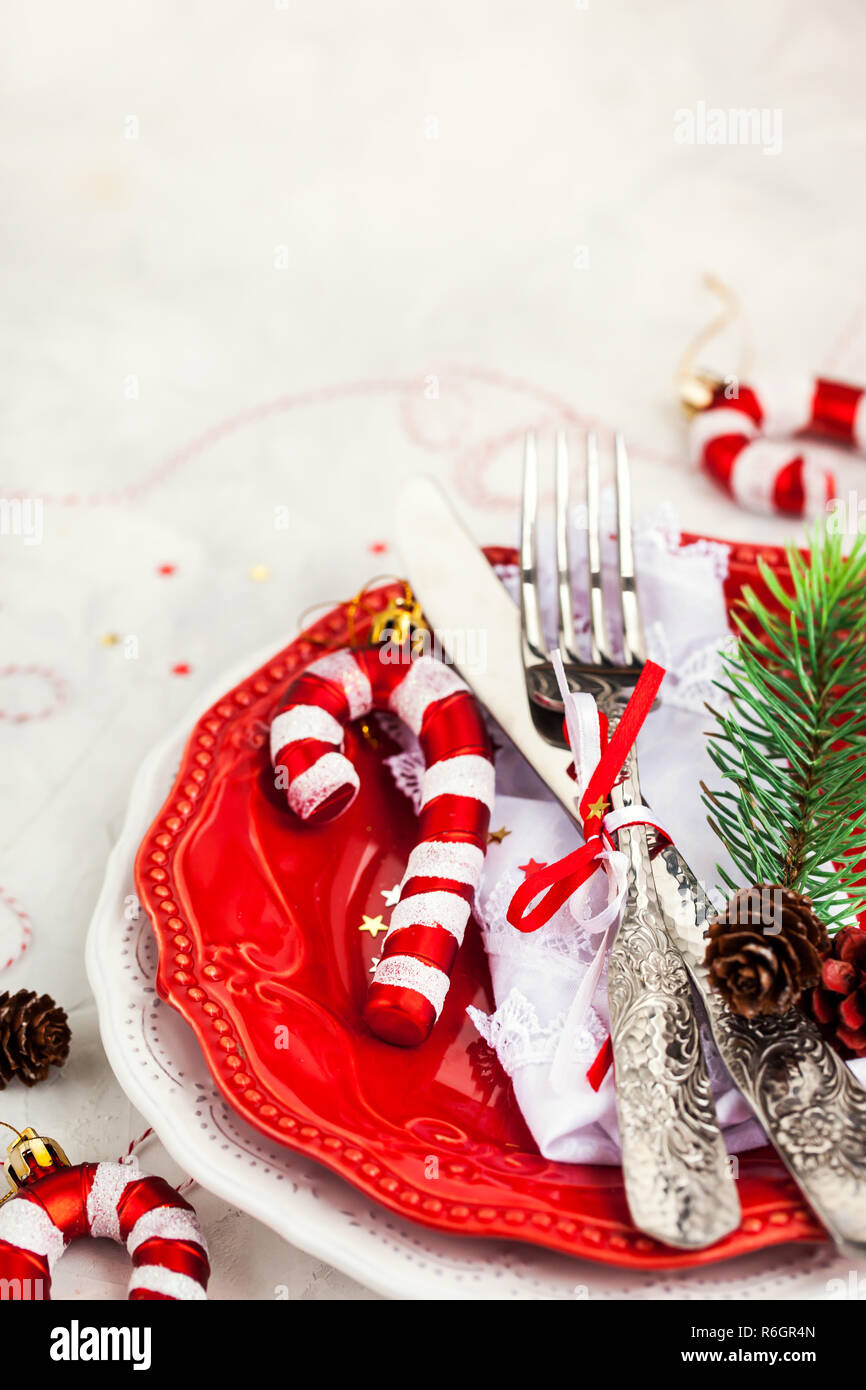 Christmas table place setting, Holiday background, copy space Stock ...