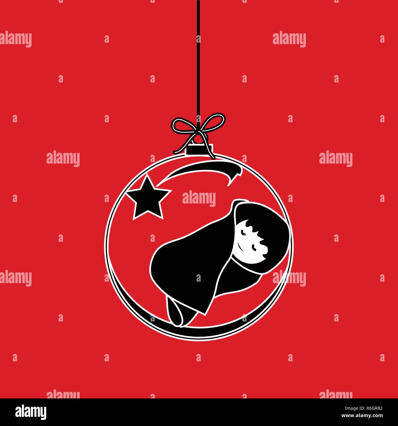Flat Christmas Ball with Bow, Star and Baby Jesus Christ. Vector Bauble ...