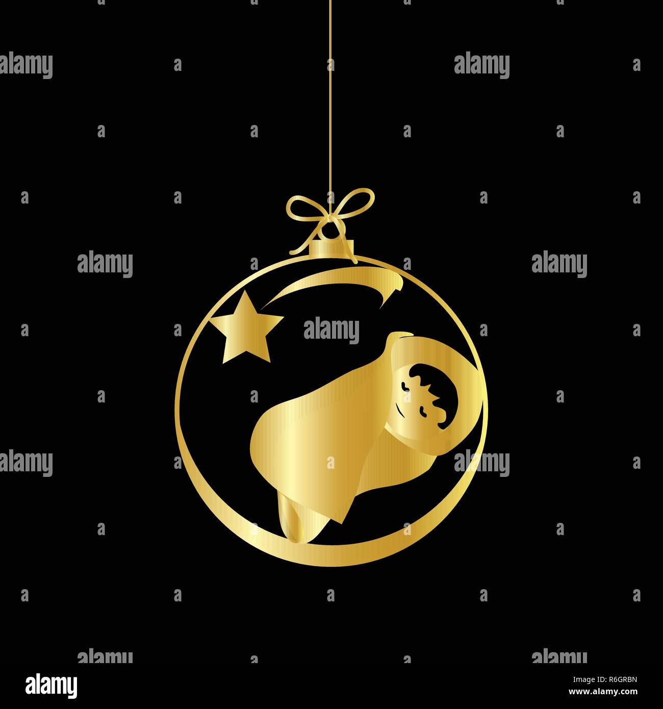 Flat Christmas Ball with Bow, Star and Baby Jesus Christ. Vector Gold ...