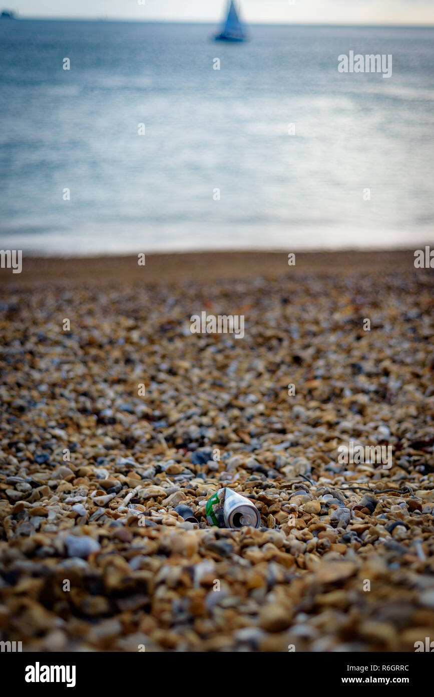 Beach pollution, plastic and waste from the ocean on a beach Stock ...