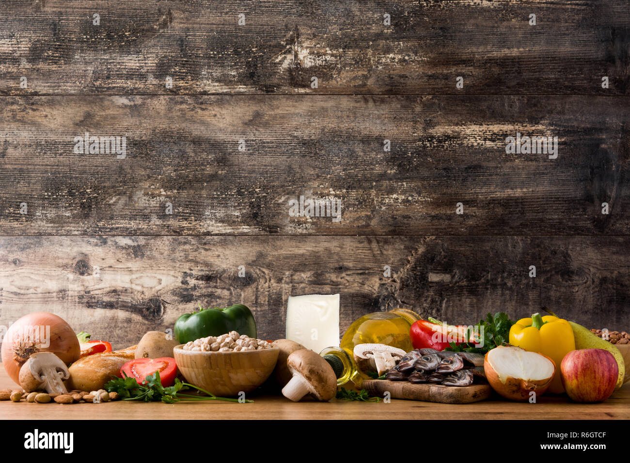 Healthy eating. Mediterranean diet. Fruit,vegetables, grain, nuts olive ...