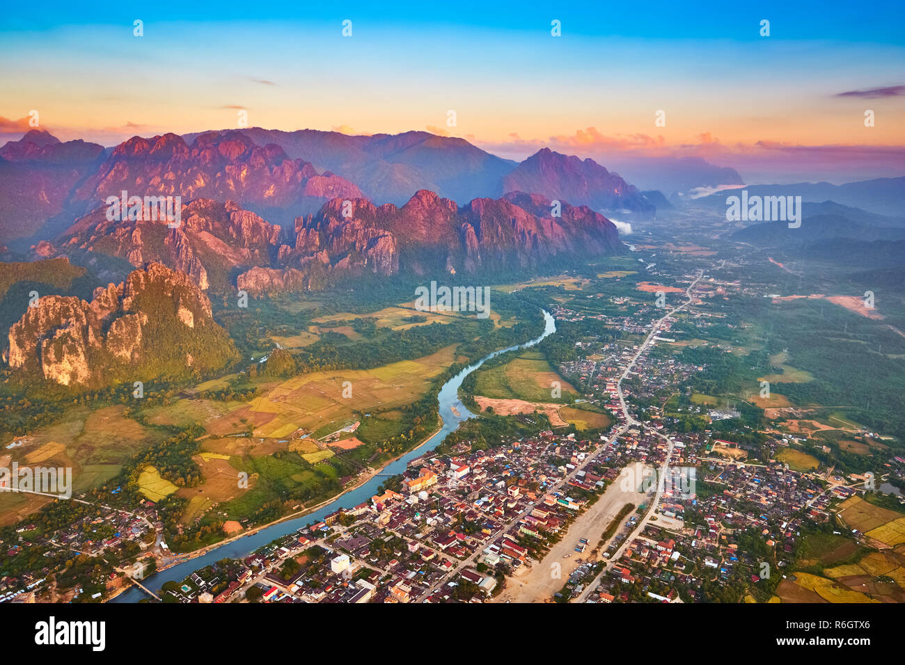 Aerial view of the fields, river and mountain. Beautiful landscape ...