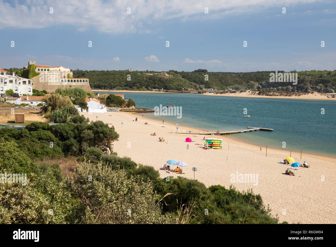 Praia da Franquia with the Forte de Sao Clemente and view over the Mira ...