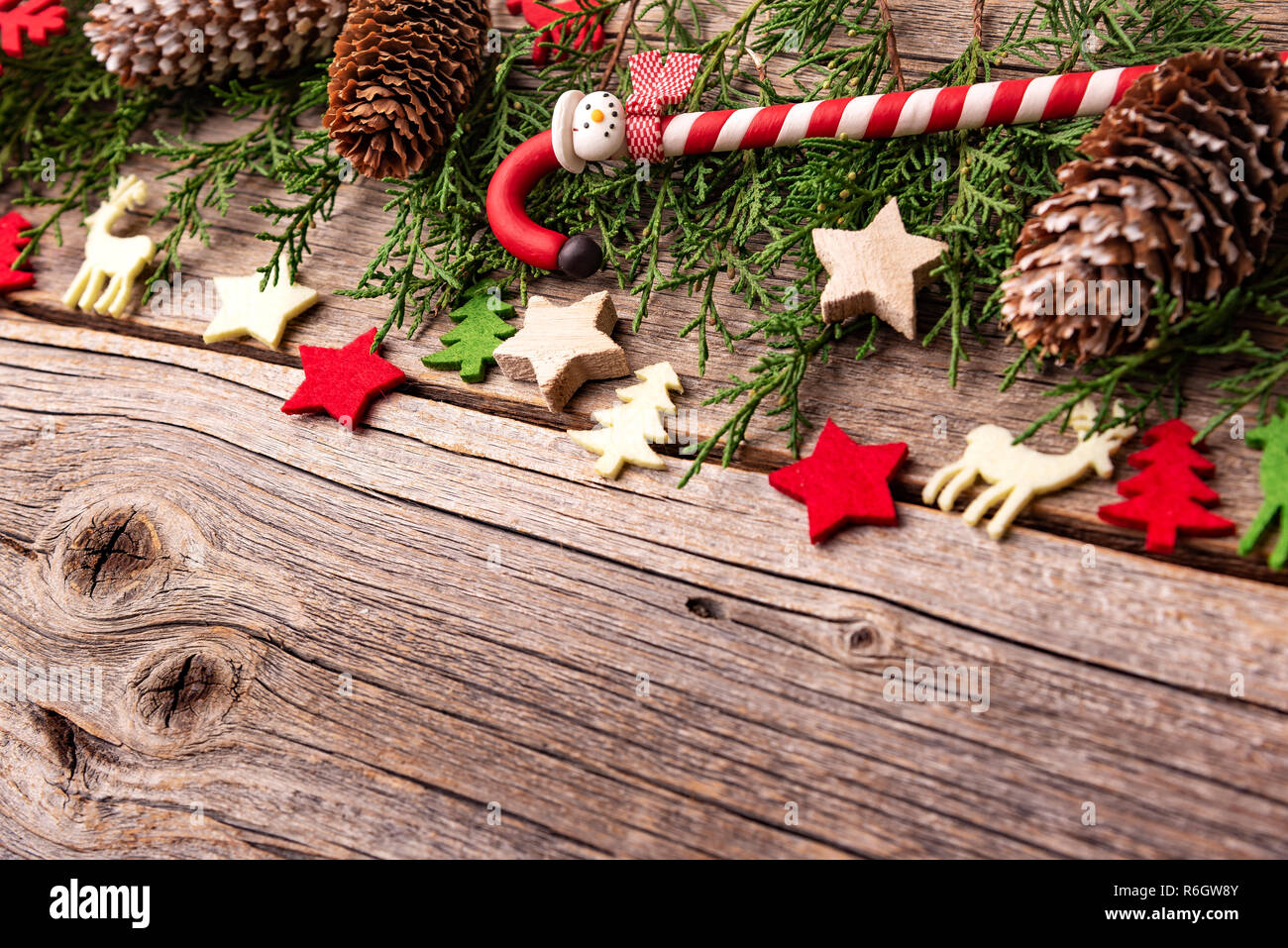Composition from festive objects of New Year and Christmas on a wooden ...