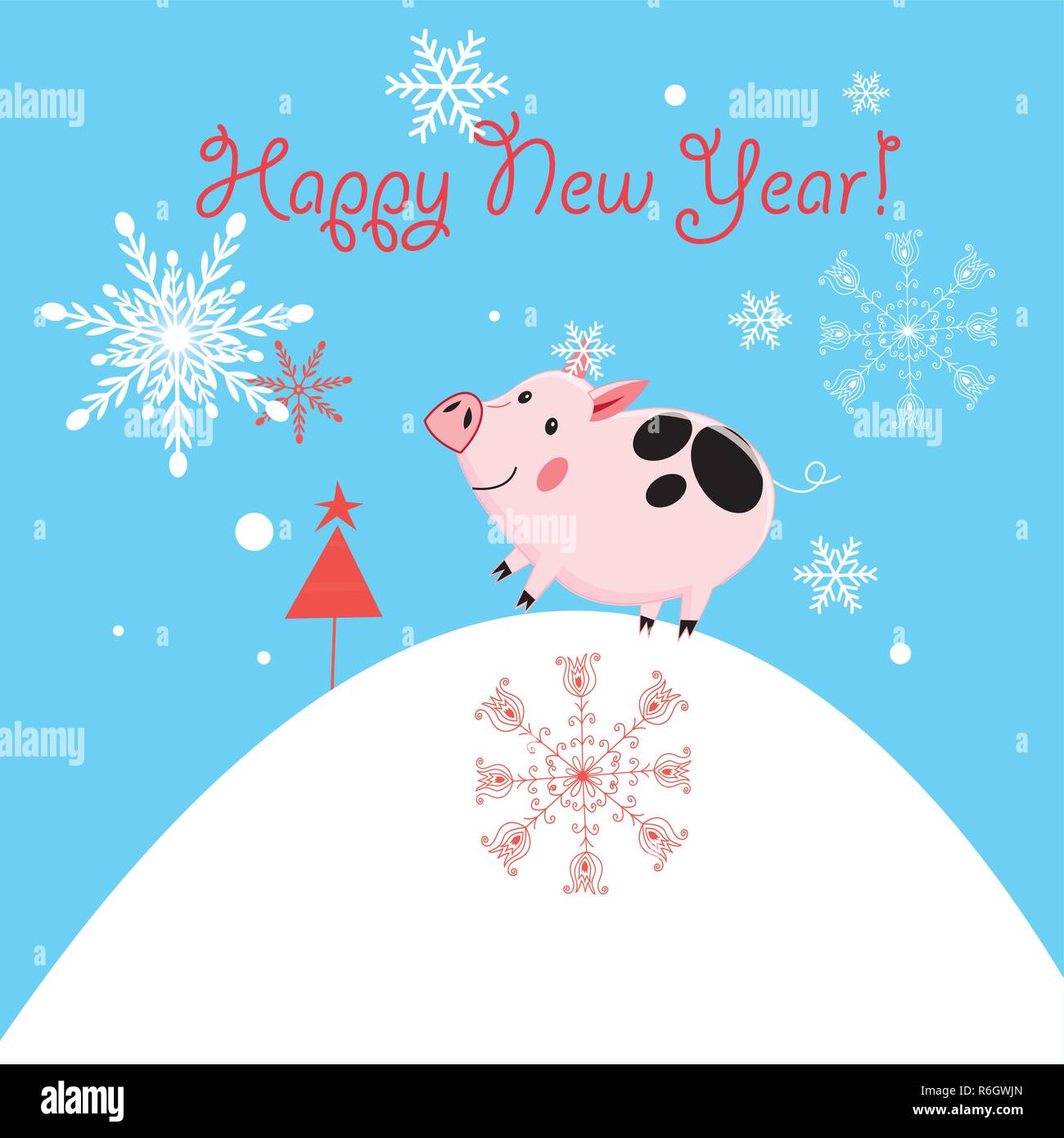 Vector New Year greeting card with piglet on blue background with ...