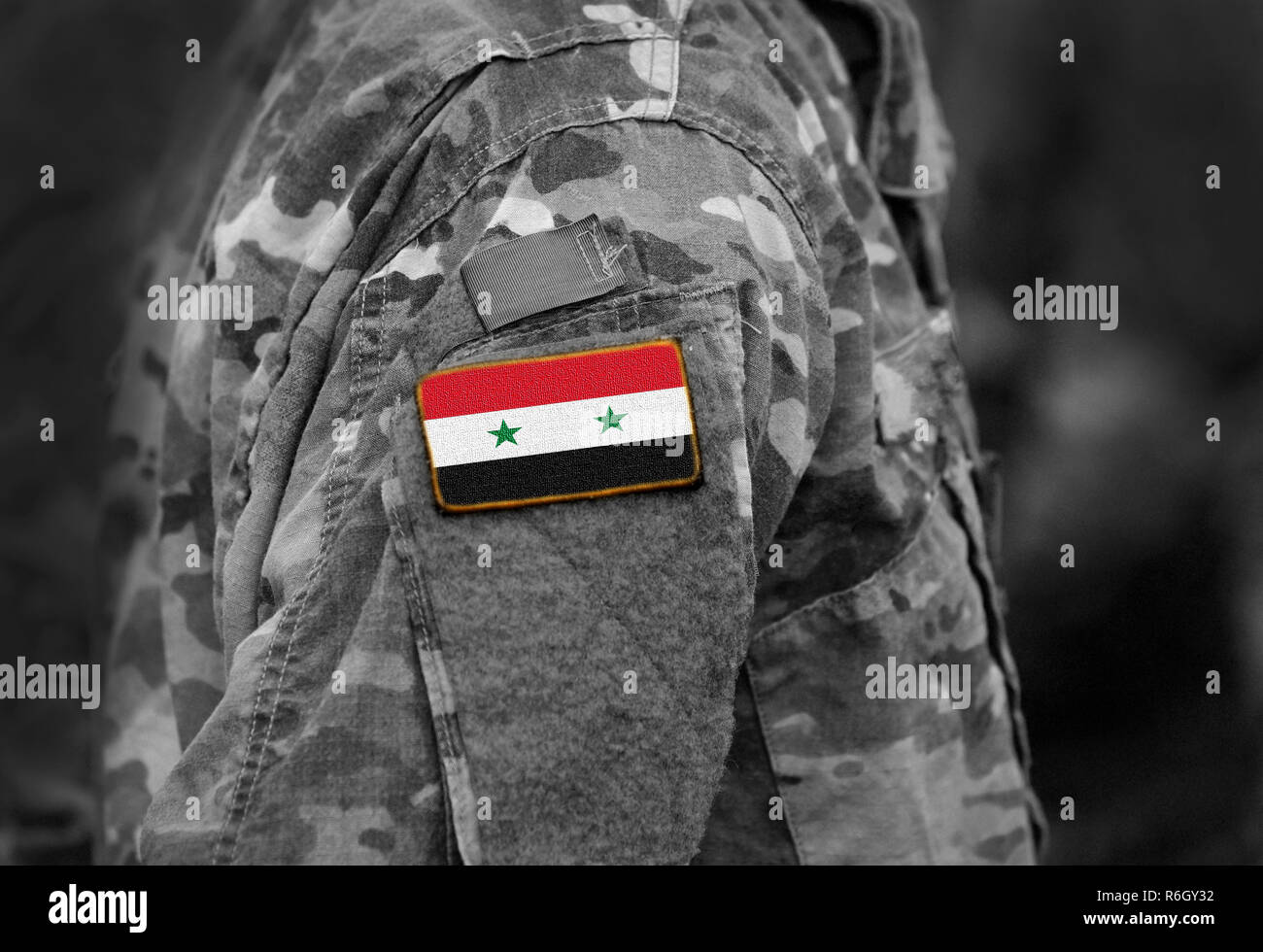 Flag of Syria on soldiers arm (collage Stock Photo - Alamy