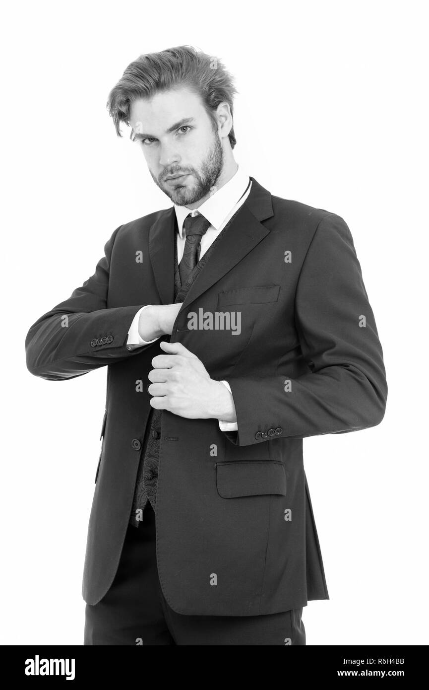 Business and success. Manager with beard on serious face. Man in formal ...