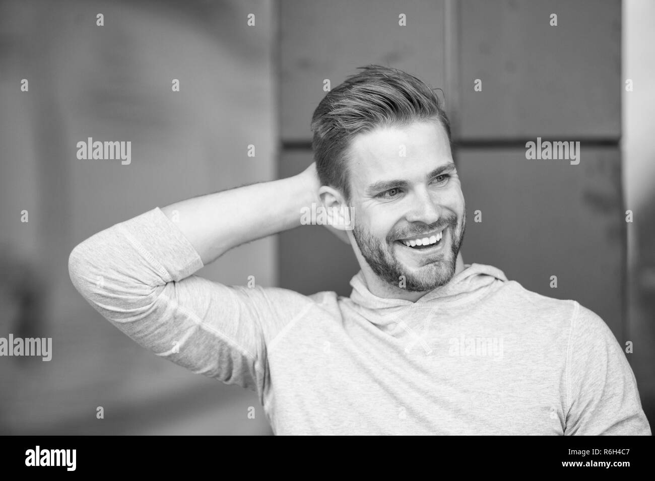 Man confident in his antiperspirant. Prevent, reduce perspiration. No ...