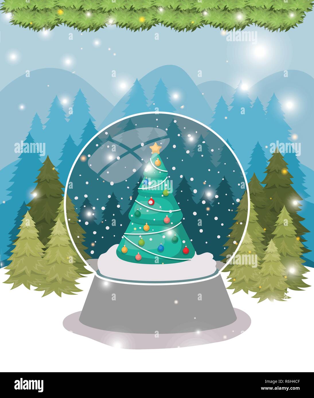 christmas pine tree in sphere and snowscape Stock Vector Image & Art ...